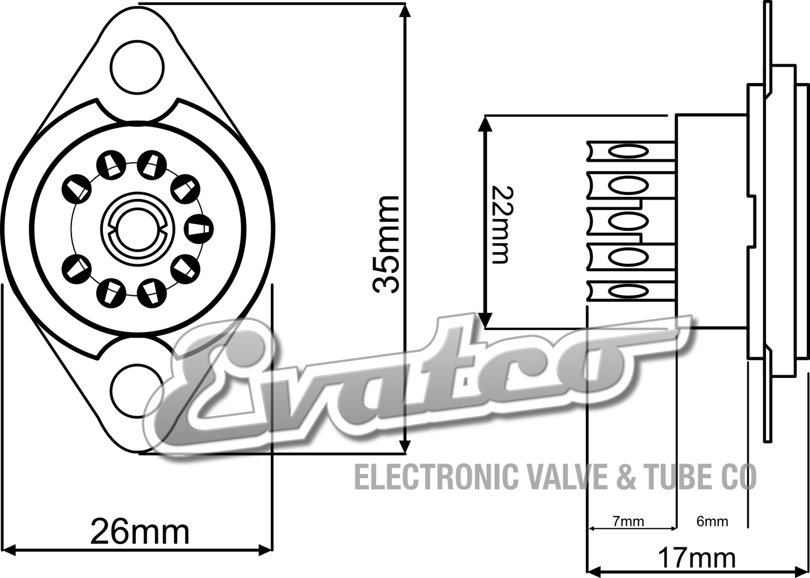 9 Pin Ceramic Socket Base B9A suits 22mm hole