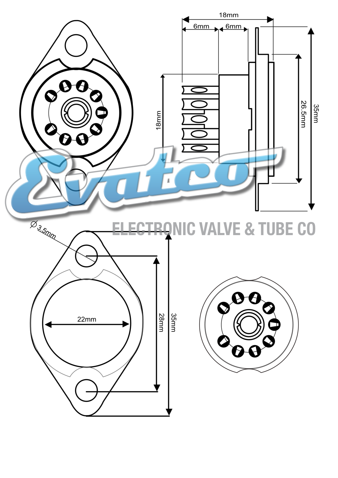 9 Pin Ceramic Socket Base B9A suits a 18mm chassis hole